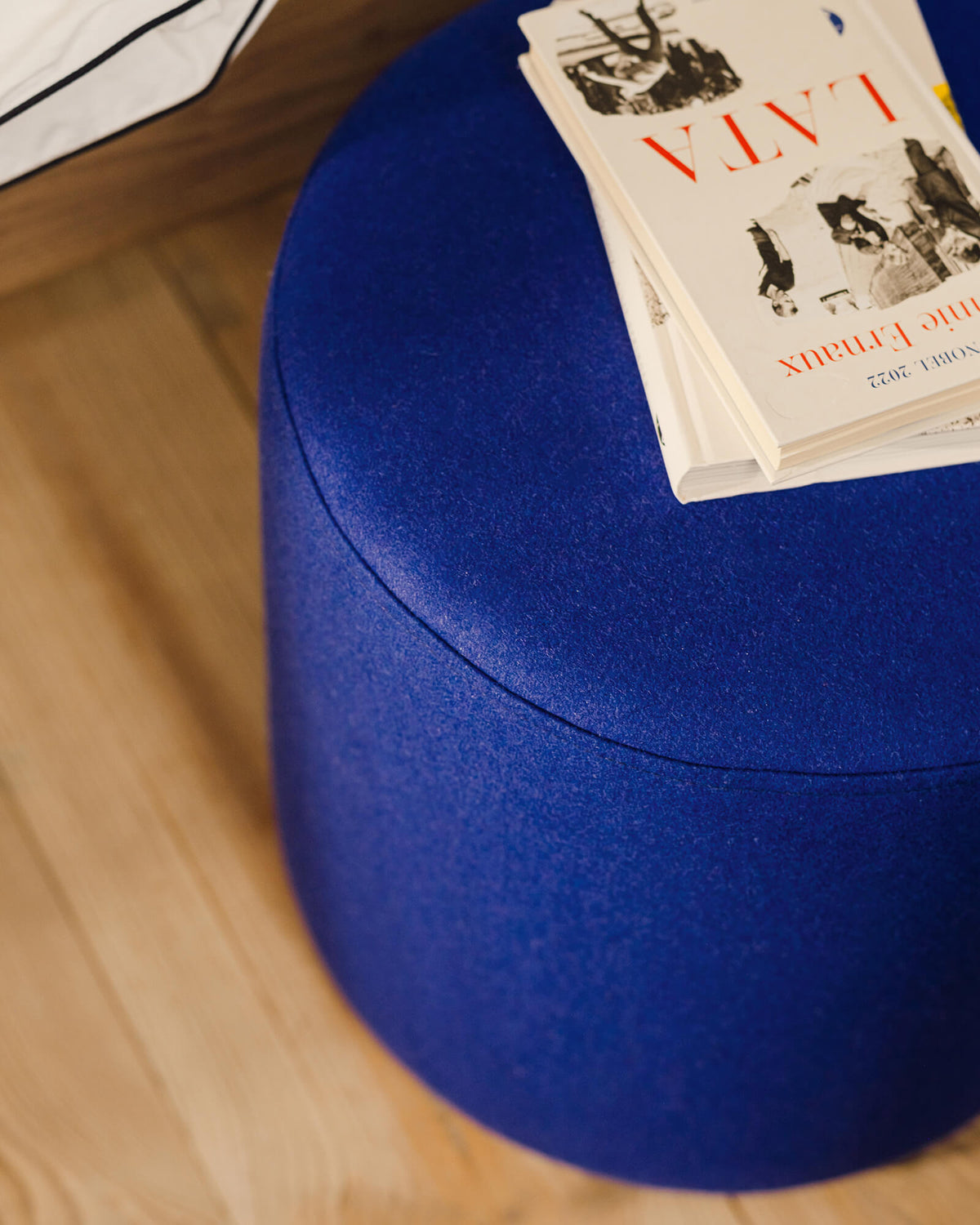 Folk Pouf Tall - ultramarine, round pouf, modern seating - noo.ma
