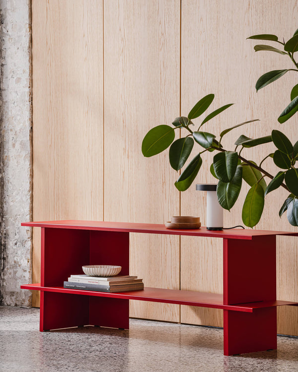 Hes Shelving Unit - low red steel shelf for living room - noo.ma