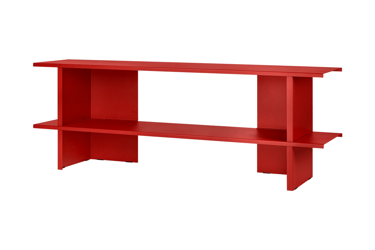 Hes Shelving Unit - low red steel shelf for living room - noo.ma