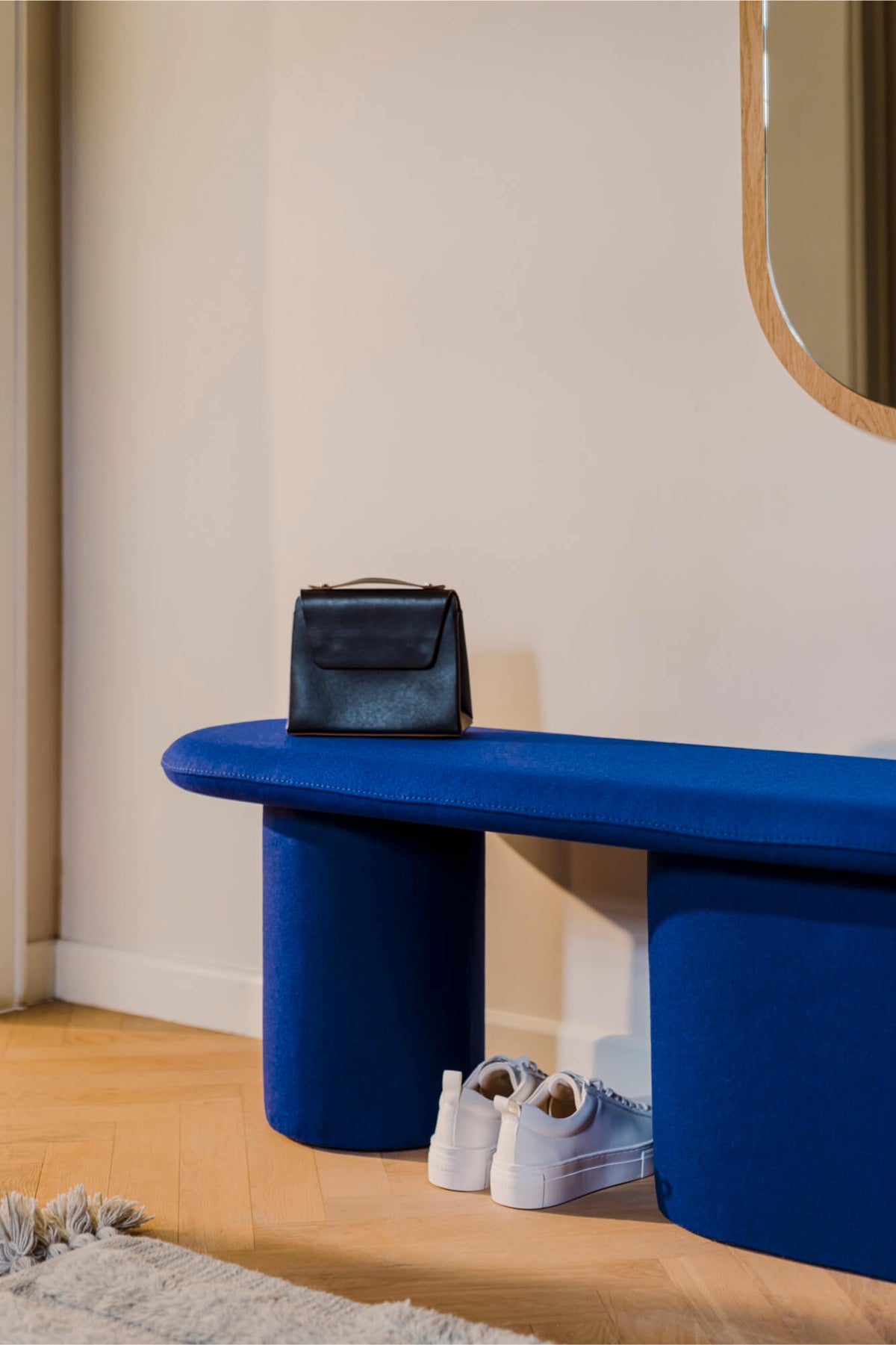 Rull Bench - blue upholstered bench for hallway - noo.ma